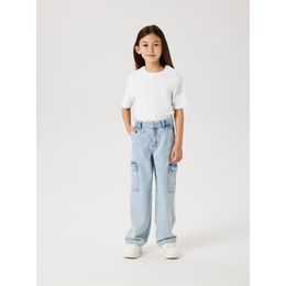 Weite Jeans name it "NKFROSE HW WIDE CARGO JEANS 6190-BS NOOS", M&auml;dchen, Gr. 158, N-Gr, blau (light blau bleached denim), Denim/Jeans, Obermaterial: 80% Baumwolle, 20% Polyester, unifarben, regular fit kn&ouml;chellang, Jeans