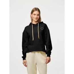 Kapuzensweatshirt Pieces "PCCHILLI LS HEART HOODIE NOOS BC", Damen, Gr. XS, schwarz (schwarz detail:gold heart), Sweatware, Obermaterial: 50% Baumwolle, 50% Polyester, unifarben, regular fit hüftlang, ohne Ausschnitt, Rippbündchen, Sweatshirts