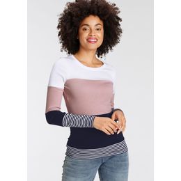 Longsleeve Kangaroos, Damen, Gr. 36/38, bunt (weiß, rose, marine), Rippware, Obermaterial: 100% Baumwolle, colorblocking, geringelt, gestreift, sehr figurbetont hüftbedeckend, Rundhals, Shirts, mit Langarm, figurbetonte Passform, Colourblocking-Optik