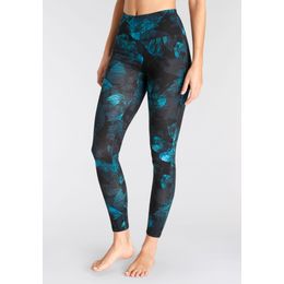 H.I.S. Leggings H.I.S, Damen, Gr. 32/34, N-Gr, schwarz (schwarz blau gemustert), Single Jersey, Obermaterial: 95% Baumwolle, 5% Elasthan, bedruckt, Basic, Basic kn&ouml;chellang, Hosen Leggings, mit tropischem Palmenprint, Loungewear