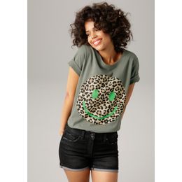 T-Shirt Aniston CASUAL, Damen, Gr. 40/42, bunt (oliv, natur, schwarz, beige, apfelgr&uuml;n), Single Jersey, Obermaterial: 100% Baumwolle, bedruckt, figurumspielend h&uuml;ftbedeckend, Rundhals, Shirts T-Shirt, mit Smiley-Frontprint im Animal-Look, Topseller