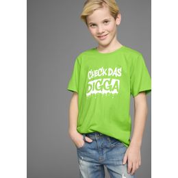 T-Shirt Kidsworld "Spr&uuml;cheshirt: CHECK DAS DIGGA", Jungen, Gr. 164/170, gr&uuml;n, Single Jersey, Obermaterial: 100% Baumwolle, bedruckt, Basic, Rundhals, Shirts T-Shirt, Kurzarm, Basic-Passform, bedruckt, Rundhalsausschnitt