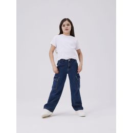 Weite Jeans name it "NKFROSE HW WIDE CARGO JEANS 6190-BS NOOS", Mädchen, Gr. 140, N-Gr, blau (dunkelblau denim), Denim/Jeans, Obermaterial: 80% Baumwolle, 20% Polyester, unifarben, regular fit knöchellang, Jeans