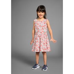 Jerseykleid Kangaroos "Trägerkleid im Blumen-Allover", Mädchen, Gr. 92/98, N-Gr, rosa (rosa geblümt), Single Jersey, Obermaterial: 95% Baumwolle, 5% Elasthan, bedruckt, geblümt, ausgestellt kniefrei, Rundhals, Kleider, Shirtkleid mit Blumenmuster
