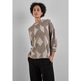 Print-Shirt Street One, Damen, Gr. 36, braun (rich mocha), Stoff, 44% Nylon, 40% Polyester, 16% Viskose, gemustert, Casual, normal, hoch geschlossener Ausschnitt, Shirts, mit 3/4 Ärmeln