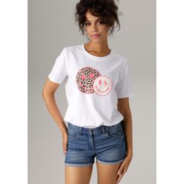 T-Shirt Aniston CASUAL, Damen, Gr. 44/46, bunt (wei&szlig;, pink, beige, schwarz, grau), Single Jersey, Obermaterial: 100% Baumwolle, bedruckt, figurumspielend h&uuml;ftbedeckend, Rundhals, Shirts T-Shirt, mit coolen Smileys bedruckt, Topseller
