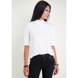 Stehkragenshirt Seidel Moden, Damen, Gr. 34, weiß (sanftes weiß), Jersey, Obermaterial: 96% Viskose, 4% Elasthan, unifarben, figurumspielend hüftlang, Rundhals, abgesteppte Kante, Shirts, im hüftlangen Schnitt, MADE IN GERMANY