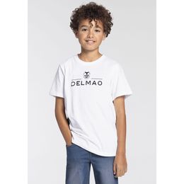T-Shirt DELMAO "f&uuml;r Jungen", Jungen, Gr. 128/134, wei&szlig;, Single Jersey, Obermaterial: 100% Baumwolle, bedruckt, Basic, Basic, Rundhals, Shirts T-Shirt, Kurzarm, Basic-Design, Rundhalsausschnitt