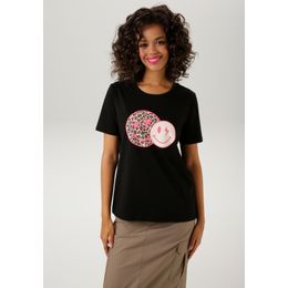 T-Shirt Aniston CASUAL, Damen, Gr. 44/46, pink (schwarz, pink, beige, wei&szlig;, grau), Single Jersey, Obermaterial: 100% Baumwolle, bedruckt, figurumspielend h&uuml;ftbedeckend, Rundhals, Shirts T-Shirt, mit coolen Smileys bedruckt, Topseller