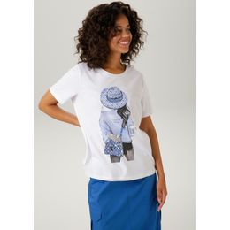 T-Shirt Aniston CASUAL, Damen, Gr. 48/50, blau (wei&szlig;, hellblau, schwarz, royalblau, silberfarben), Single Jersey, Obermaterial: 100% Baumwolle, Glitzermuster, bedruckt, figurumspielend h&uuml;ftbedeckend, Rundhals, Shirts T-Shirt, mit silberfarbenem Folienprint verzierter Frontdruck