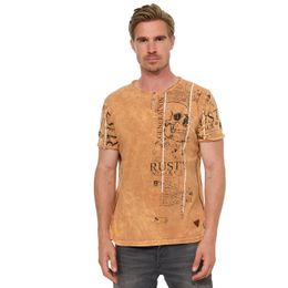 T-Shirt Rusty Neal, Herren, Gr. L, braun (camelfarben), 100% Baumwolle, bedruckt, normal, Rundhals, Shirts T-Shirt, im Used-Look mit Allover-Print
