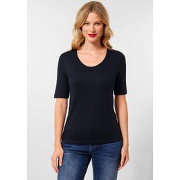 T-Shirt Street One "Style Palmira", Damen, Gr. 34, blau (tiefblau), Jersey, Obermaterial: 50% Baumwolle, 50% Modal, unifarben, Basic, k&ouml;rpernah h&uuml;ftlang, V-Ausschnitt, eingesetzt abgesteppt, Shirts T-Shirt, im Basic-Style