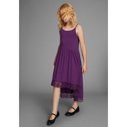 Jerseykleid Kidsworld "- Spaghettikleide aus Viskose", Mädchen, Gr. 140/146, N-Gr, lila (dunkel lila), Jersey, Obermaterial: 95% Viskose, 5% Elasthan. Spitze: 100% Baumwolle, unifarben, ausgestellt knieumspielend, Rundhals, Kleider, luftiges Jerseykleid, knieumspielende Länge