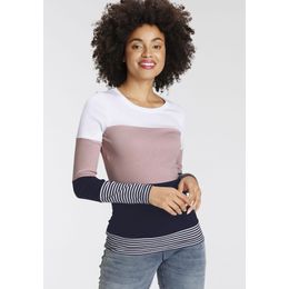Longsleeve Kangaroos, Damen, Gr. 44/46, bunt (wei&szlig;, rose, marine), Rippware, Obermaterial: 100% Baumwolle, colorblocking, geringelt, gestreift, sehr figurbetont h&uuml;ftbedeckend, Rundhals, Shirts, mit Langarm, figurbetonte Passform, Colourblocking-Optik