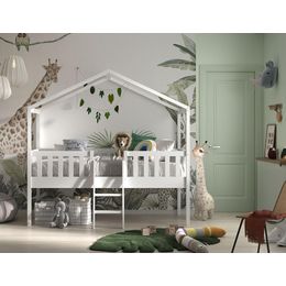 Hausbett Vipack "Kiefer massiv weiß lackiert, Made in Europe, stabil gebaut", weiß, B:96,5cm H:201,8cm L:209cm, Betten, mit Leiter, offenem Dach, Rolllattenrost und Absturzschutz