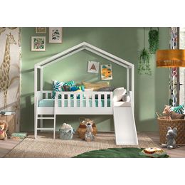 Hausbett Vipack "Kiefer massiv weiß lackiert, Made in Europe, stabil gebaut", weiß, B:96,5cm H:201,8cm L:209cm, Betten, mit Leiter, offenem Dach, Rolllattenrost und Absturzschutz