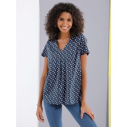 Druckbluse Classic Basics, Damen, Gr. 38, blau (marine, bedruckt), 100% Polyester, gemustert, mehrfarbig, V-Ausschnitt, Blusen Druckbluse, Topseller