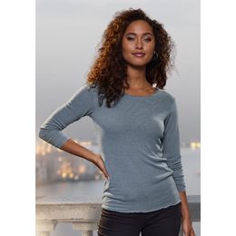 Langarmshirt Lascana "mit feiner Glitzereinfassung", Damen, Gr. 32/34, blau (hellblau), Feinstrick, Obermaterial: 62% Polyester (REPREVE), 34% Viskose, 4% Elasthan, Glanzfaden, unifarben, bequem, tiefer Rundhals, Shirts Langarmshirt, aus weichem Viskose-Feinstrick