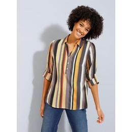 Langarmbluse Classic Basics, Damen, Gr. 48, braun (ocker, dunkeltaupe, gestreift), 100% Polyester, bedruckt, gemustert, gestreift, mehrfarbig, V-Ausschnitt, Blusen