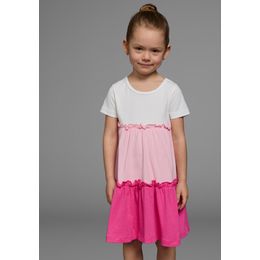 Jerseykleid Kidsworld "- Volantkleid f&uuml;r kleine M&auml;dchen", M&auml;dchen, Gr. 92/98, N-Gr, pink (wei&szlig;, rosa, pink), Single Jersey, Obermaterial: 100% Baumwolle, colorblocking, ausgestellt kniefrei, Rundhals, abgesteppte Kante, Kleider Jerseykleid, festliche Anl&auml;sse, kniefreie L&auml;nge, verspielter Stil