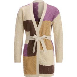 Damen Strickjacke mit Ajour- und Zopfmuster sand-violett-gemustert, Gr&ouml;&szlig;e 56