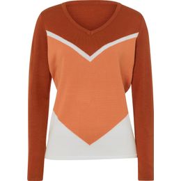 Damen Langarm-Pullover im Blockstreifen-Muster rostrot-ecru-gemustert, Gr&ouml;&szlig;e 54