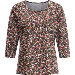 Damen 3/4-Arm-Shirt mit Bl&uuml;mchen-Muster grapefruit-oliv-bedruckt, Gr&ouml;&szlig;e 44