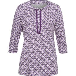 Damen 3/4-Arm-Shirt im grafischen Druckmuster ecru-lila-bedruckt, Gr&ouml;&szlig;e 46