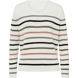 Damen V-Ausschnitt-Pullover mit Ringeldessin ecru-schwarz-geringelt, Gr&ouml;&szlig;e 40