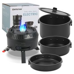 ENFRIFAM Topf-Set Campingkocher, Gaskocher Outdoor Kochgeschirr, Tragbar Reisekocher , Aluminium.Kombiniere 700W Elektrische und 2200W Gas, 1 flammig, für 2-4 Personen , für Picknick Backpacking Camping Wandern