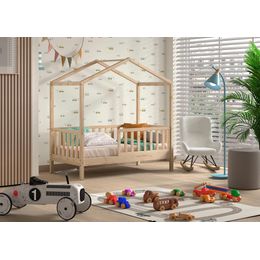 Hausbett Home Affaire "Junior Hausbett 70/140, umlaufender Rausfallschutz, stabil gebaut", beige (natur, natur, natur), B:75,8cm H:150,5cm L:148cm, Betten, inkl. Rolllattenrost und Dachaufbau