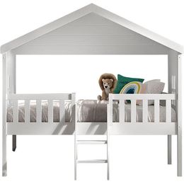 Hausbett Vipack "Kiefer massiv weiß lackiert, Made in Europe, stabil gebaut", weiß, B:96,5cm H:201,8cm L:213cm, Bettgestell Massivholz;Dachaufbau MDF, Betten, mit Leiter, seitliche Fenster, Rolllattenrost und Absturzschutz