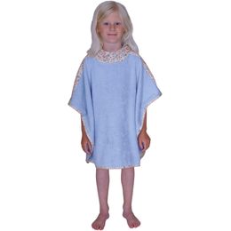 W&ouml;rner Badeponcho W&Ouml;RNER, L:60cm, blau, Baumwoll-Webfrottier, Hausm&auml;ntel, "Vogel", Au&szlig;enseite Kapuze und Schulteraufsatz aus bedrucktem Single-Jersey