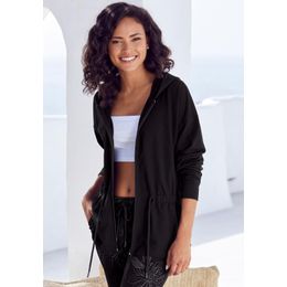 Lascana Damen Sweatjacke, Gr. 36, schwarz, angeraute Sweatware, Obermaterial: 50% Baumwolle, 50% Polyester, unifarben, Sweatjacken, mit Tunnelzug in