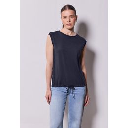 T-Shirt STREET ONE STUDIO, Damen, Gr. 34, blau (schwarz void blau), Stoff, 80% Polyester, 20% Viskose, unifarben, normal normal, U-Boot-Ausschnitt, abgesteppt, Shirts T-Shirt, mit Elastiksaum und Tunnelzug