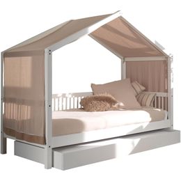 Hausbett Home Affaire "Forrest mit Dachaufbau, Textilhimmel, später umbaubar zum Einzelbett", weiß (weiß, weiß, weiß), B:97,5cm H:170cm L:207,5cm, Betten, 90/200 Buche massiv weiß lackiert, wahlweise mit o. ohne Bettschublade