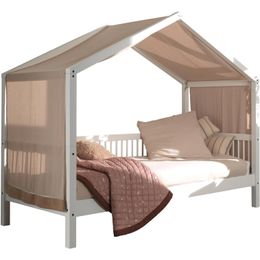 Hausbett Home Affaire "Forrest mit Dachaufbau, Textilhimmel, später umbaubar zum Einzelbett", weiß (weiß, weiß, weiß), B:97,5cm H:170cm L:207,5cm, Betten, 90/200 Buche massiv weiß lackiert, wahlweise mit o. ohne Bettschublade