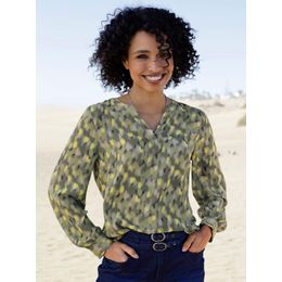 Druckbluse Heine, Damen, Gr. 42, gr&uuml;n (khaki, beige, bedruckt), 100% Polyester, bedruckt, gemustert, mehrfarbig, Rundhals, Blusen Druckbluse