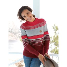 Stehkragenpullover Casual Looks "Stehkragen-Pullover", Damen, Gr. 38, grau (dunkelrot, steingrau), 100% Baumwolle, gemustert, gestreift, mehrfarbig, Pullover Stehkragenpullover