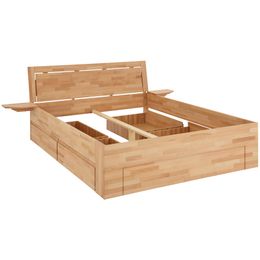 Massivholzbett Home Affaire "Sabrina", beige (kernbuchefarben), L:211cm, Betten, Stauraumbett mit hoher Stabilität, INKLUSIVE Schubladen