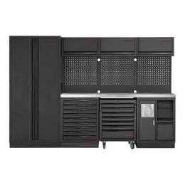 Kraftwerk 4-Element-Schrankwand mit Vierkantlochwand Länge 2955 mm Inox-Arbeitsplatte (3964D-BLK-IX)