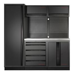Kraftwerk 3-Element-Schrankwand mit Vierkantlochwand Inox-Arbeitsplatte (3964A-BLK-IX)