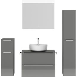 Badmöbel-Set Nobilia "Alvene", grau (schiefergrau), B:160cm H:184,2cm T:48,5cm, Kastenmöbel-Sets, Hochglanz, inkl. Spiegel mit Touch-Sensor, in vier Breiten