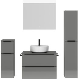 Badmöbel-Set Nobilia "Alvene", grau (schiefergrau), B:160cm H:184,2cm T:48,5cm, Kastenmöbel-Sets, Hochglanz, inkl. Spiegel mit Touch-Sensor, in vier Breiten