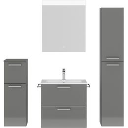 Badmöbel-Set Nobilia "Tolvina", grau (schiefergrau), B:140cm H:169cm T:48,7cm, Kastenmöbel-Sets, Hochglanz, inkl. Spiegel mit Touch-Sensor, in vier Breiten