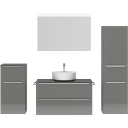 Badmöbel-Set Nobilia "Alvene", grau (schiefergrau), B:210cm H:184,2cm T:48,5cm, Kastenmöbel-Sets, Hochglanz, inkl. Spiegel mit Touch-Sensor, in vier Breiten