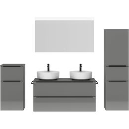 Badmöbel-Set Nobilia "Alvene", grau (schiefergrau), B:230cm H:184,2cm T:48,5cm, Kastenmöbel-Sets, Hochglanz, inkl. Spiegel mit Touch-Sensor, in vier Breiten