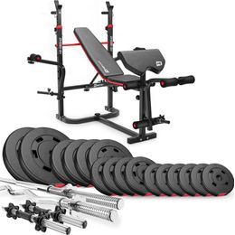 Hop-Sport Hantelbank HS-1065 + Curlpult - inkl. 75 KG Hantelset: Lang-, Curl- & Kurzhantelstange, Gewichte/Hantelscheiben