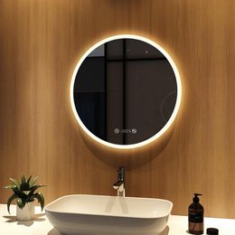 Meykoers LED Badspiegel Rund 60cm beschlagfrei Badspiegel mit Touch Schalter Badezimmerspiegel mit Uhrzeit und Temperatur, Natürliches Licht 4300K