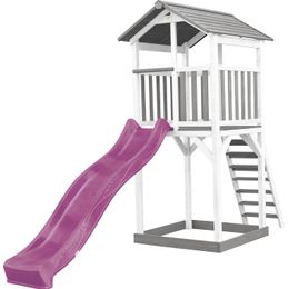 AXI Beach Tower Spielturm aus Holz in Weiß & Grau | Spielhaus für Kinder mit lila Rutsche und Sandkasten | Stelzenhaus für den Garten